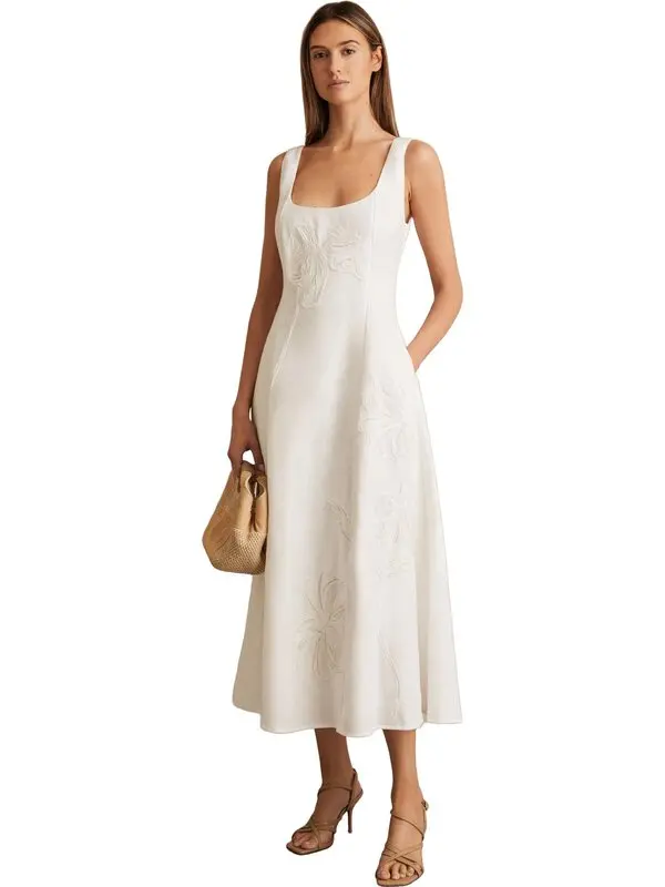 REISS Elise Linen Floral-embroidered Midi Dress - Ivory