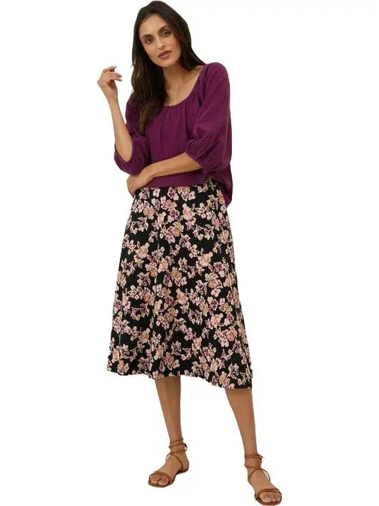 PACT Organic Cotton Fit & Flare Midi Skirt - Scattered Posies Black