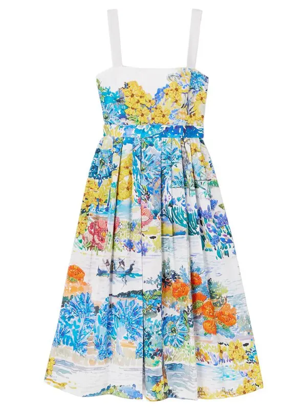 MARY KATRANTZOU Iris Pleated Floral-print Cotton-poplin Midi Dress - Blue