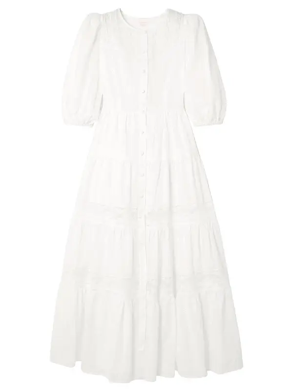 Loretta Caponi Poppi Lace-trimmed Broderie Anglaise Cotton Maxi Dress - White