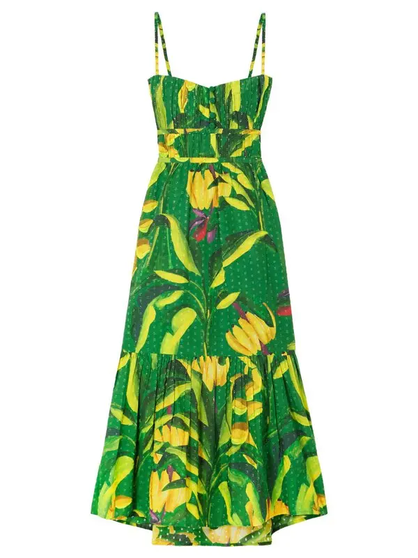 Farm Rio Banana Aquarela Pleated Printed Swiss-dot Linen Midi Dress - Green