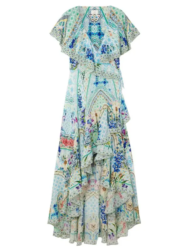 Camilla Asymmetric Crystal-embellished Silk Maxi Wrap Dress - Blue