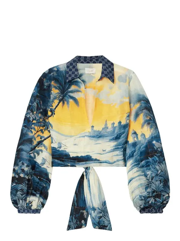 Camilla Cropped Printed Linen And Silk-blend Wrap Shirt - Blue
