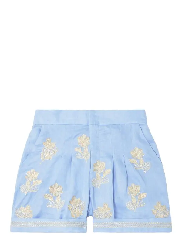 Agua Bendita Romy Madera Embroidered Linen Shorts - Blue