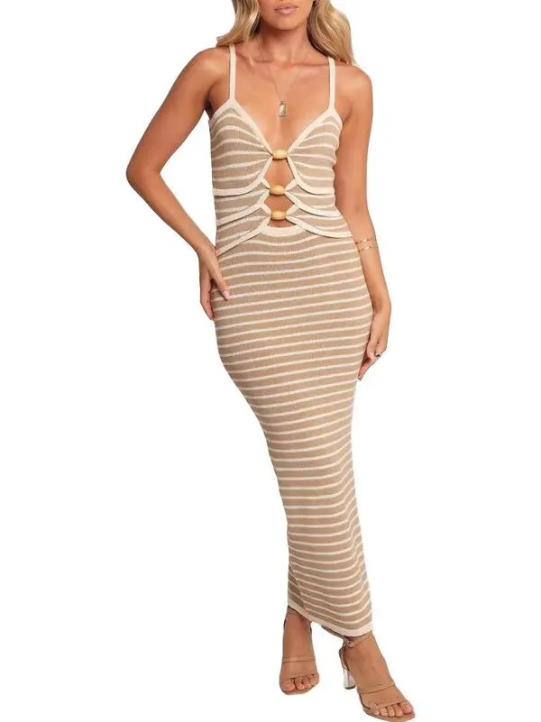 PETAL & PUP Farrah Stripe Cutout Midi Dress - Light Taupe