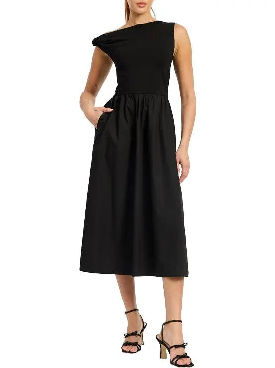 EN SAISON Mixed Media Asymmetric Neck Midi Dress - Black