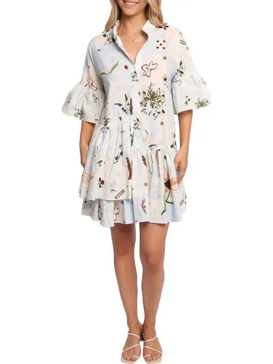 PETAL & PUP Marguerite Tiered Shirtdress - Blue Floral
