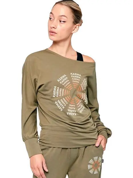 REBODY Karma Graphic Long Sleeve Top - Olive/print