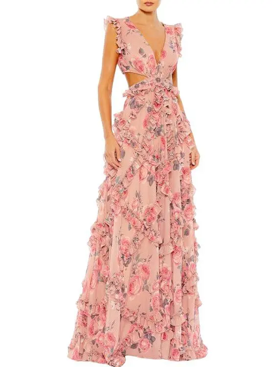 Mac Duggal Ruffled V-neck Gown With Cut Out - Rose Multi