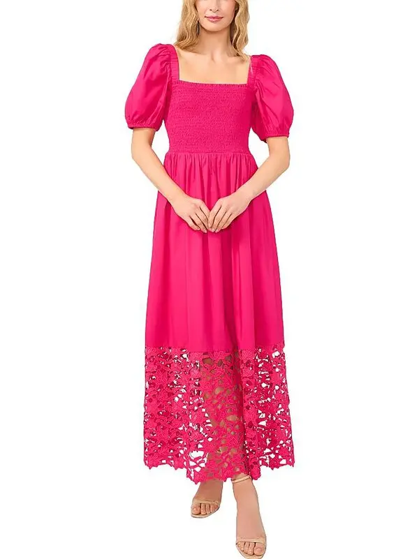 CECE DUPRAZ Puff Sleeve Combo Tiered Maxi Dress - Bright Rose