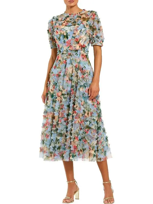 Mac Duggal Floral Printed Mesh Ruffle High Neck Midi Dress - Blue Multi