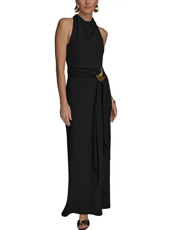Donna Karan New York Cowlneck Gown With Sash Belt - Black/black