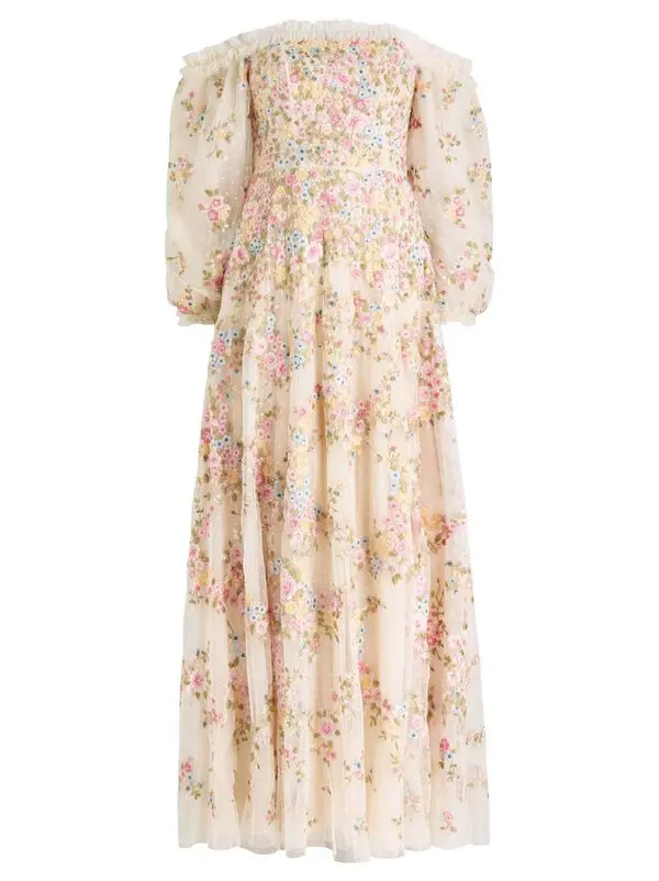 NEEDLE & THREAD Floral-embroidered Tulle Gown - Cream