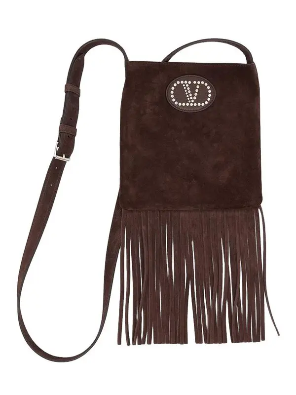 Valentino Garavani Suede Shoulder Bag With Fringes And Vlogo - Dark Brown