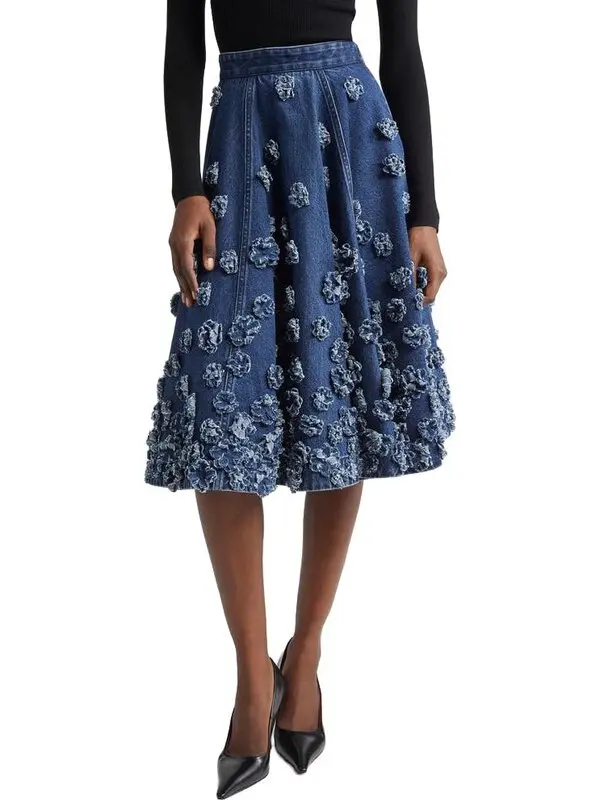 Michael Kors Floral Appliquè Denim Midi Skirt - Light Indigo