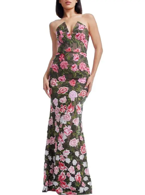 Dress The Population Fernanda Embroidered Floral Strapless Gown - Pink Rose Multi