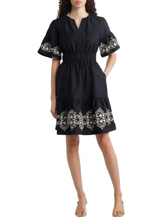 Vince Camuto Embroidered Smocked Waist Dress - Black