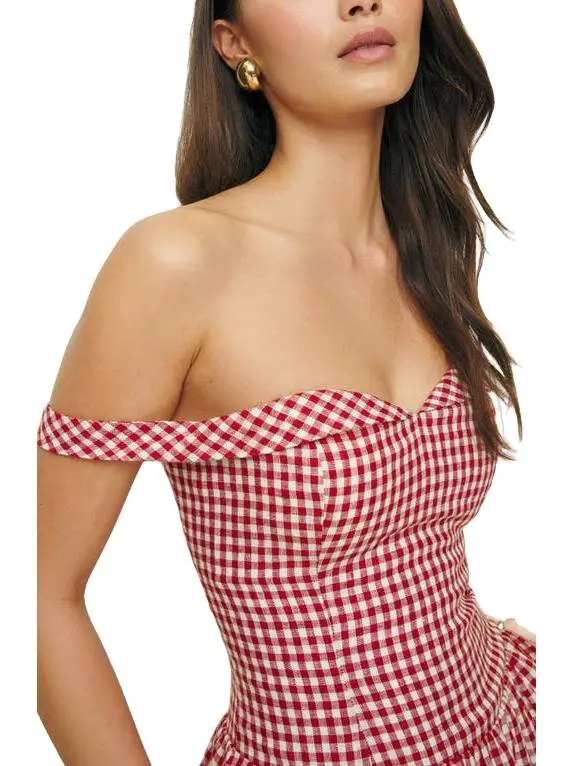 REFORMATION Sora Gingham Linen Mini Dress - Tomato Check