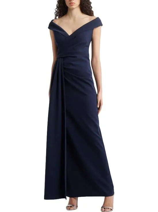 Eliza J Social Portrait Collar Laguna Crepe Gown - Navy