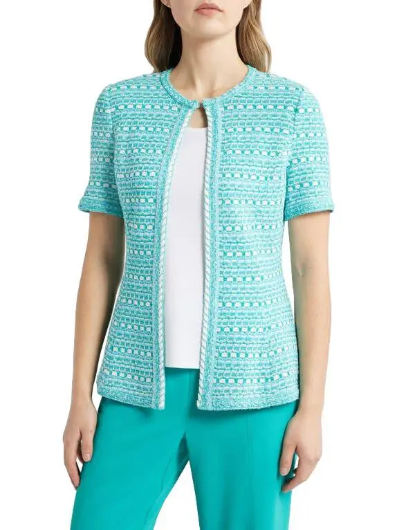 Ming Wang Mixed Stitch Short Sleeve Cardigan - Emerald Awe/ Calypso Blue