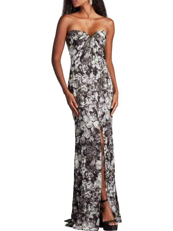 Tadashi Shoji Textured Floral Gown - Ivory Black/ Floral