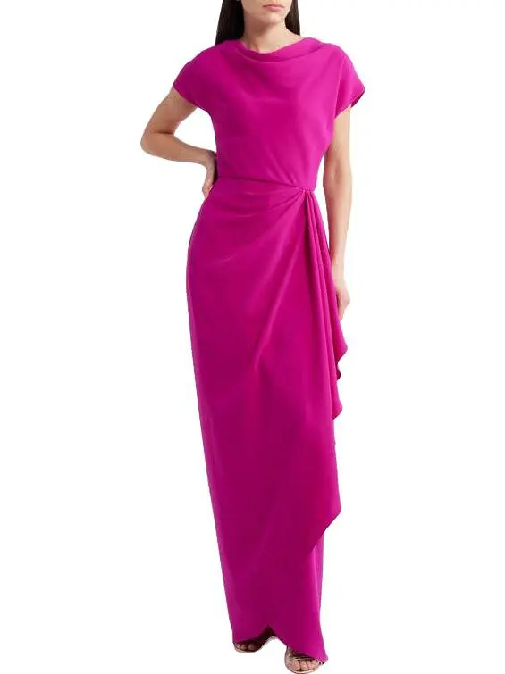 Amsale Cowl Neck Ruffle Column Dress - Fuchsia