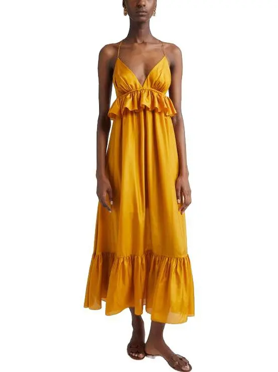 Zimmermann Rhiannon Tiered Ruffle Peplum Silk Maxi Dress - Gold