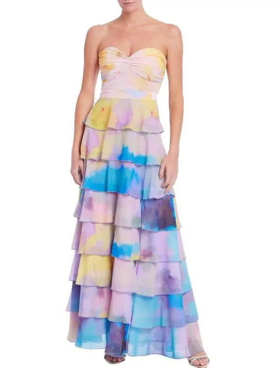 Badgley Mischka Pleated Cutout Gown - Blue Multi