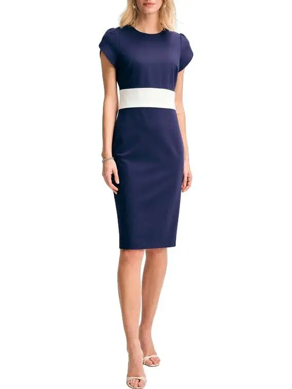 ISAAC MIZRAHI NEW YORK Ponte Tulip Sleeve Sheath Dress - Navy/ White