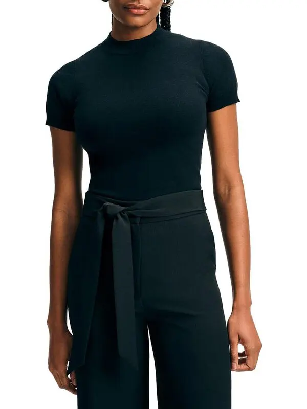 ISAAC MIZRAHI NEW YORK Mock Neck Short Sleeve Sweater - Black