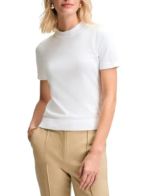 ISAAC MIZRAHI NEW YORK Mock Neck Short Sleeve Sweater - White