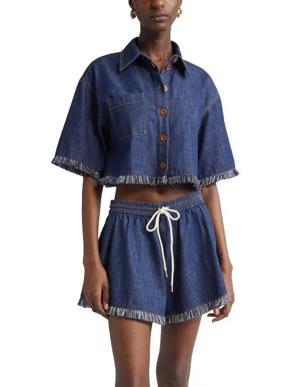 Zimmermann Rhiannon Fringe Trimmed Denim Shirt - Atlantic