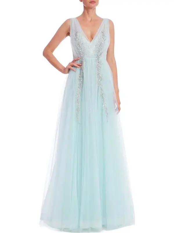 Badgley Mischka Bead Detail Tulle Ballgown - Hydra Blue