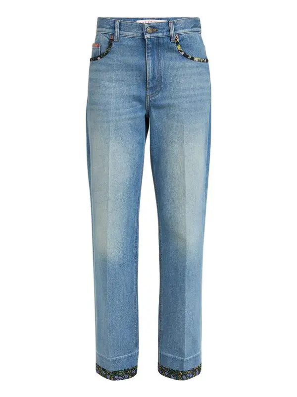Valentino Garavani Floral-print Trim Jeans - Denim