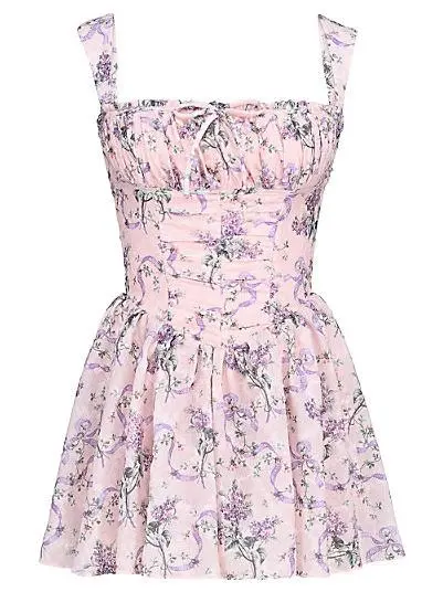 House Of Cb Ophelia Floral-print Chiffon Mini Dress - Pink Ribbon Print