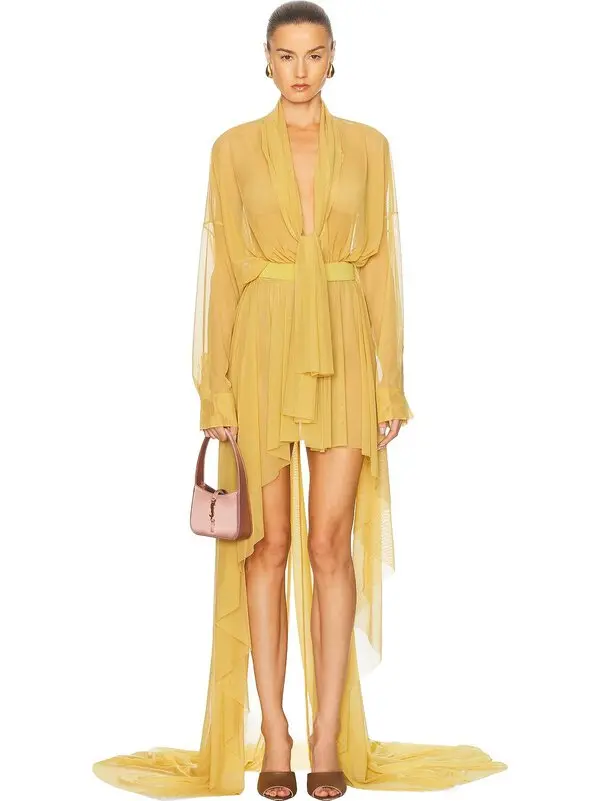 Norma Kamali Hi Low Oversized Boyfriend Shirt Gown With Bow - Asparagus