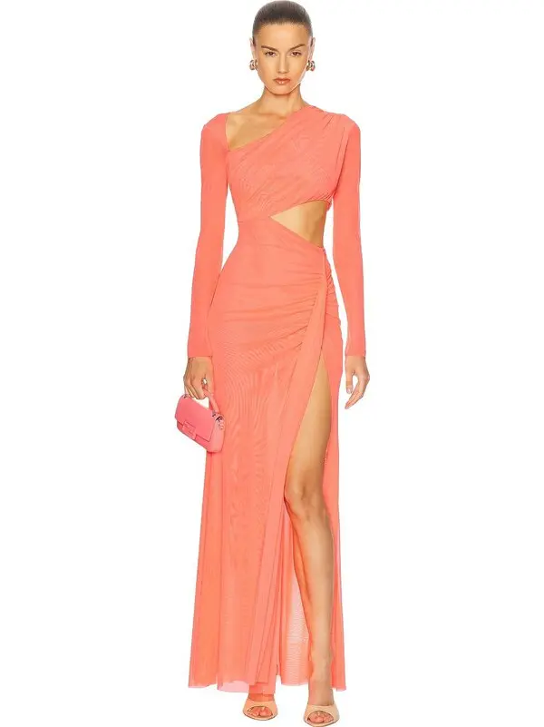 Lapointe Mesh Asymmetric Cut Out Ruched Gown - Hot Pink