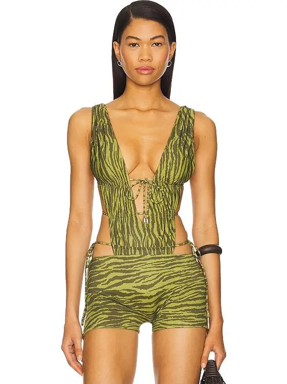 INDAH Printed Deep V Bodysuit - Ganja