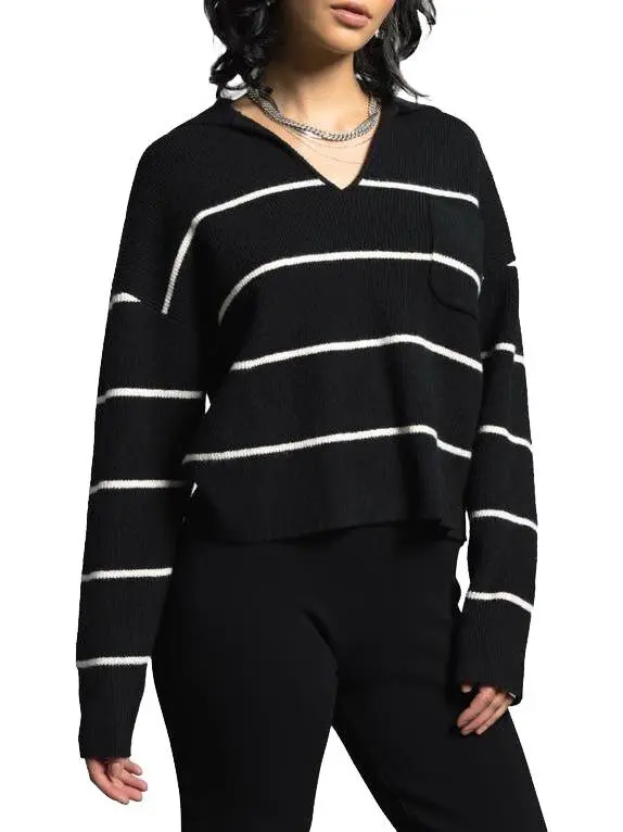 WEEKEND LOS ANGELES Cressida Stripe Johnny Collar Sweater - Black Ivory Stripe