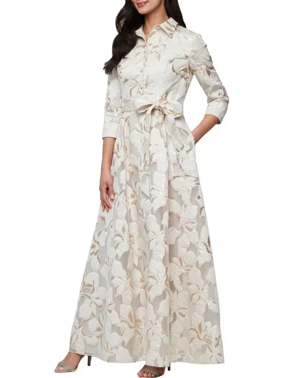 Alex Evenings Metallic Jacquard Tie Waist Gown - Ivory Gold