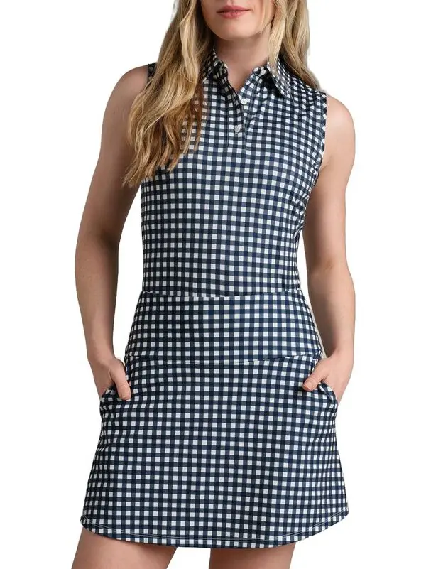 RHONE Court Gingham Sleeveless Polo - Navy Blue