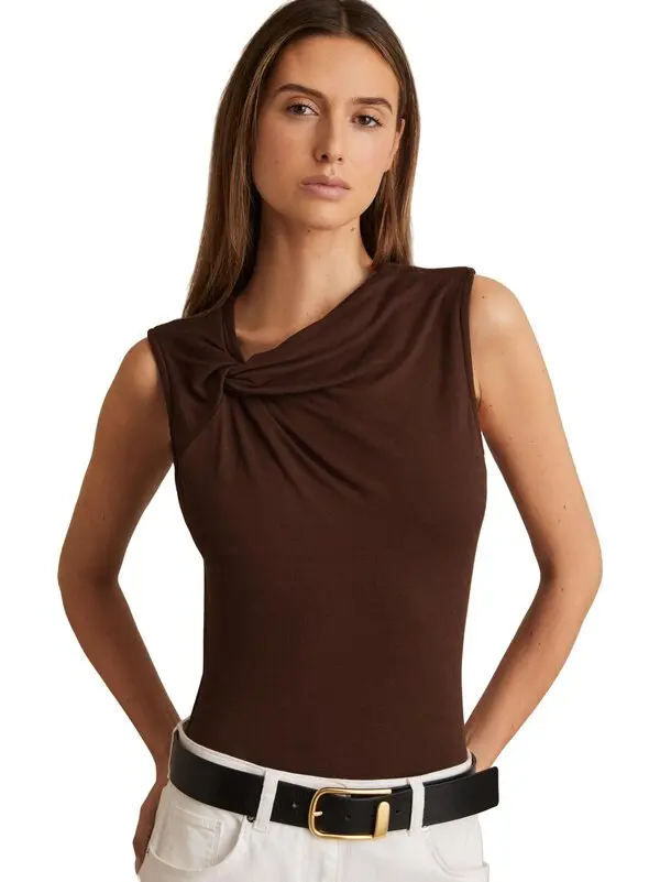 REISS Fran Knot Detail Jersey Bodysuit - Chocolate Brown