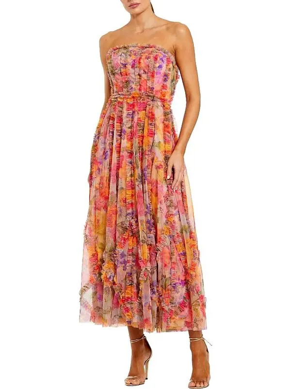 Mac Duggal Mesh Micro Ruffle Strapless Gown - Multi