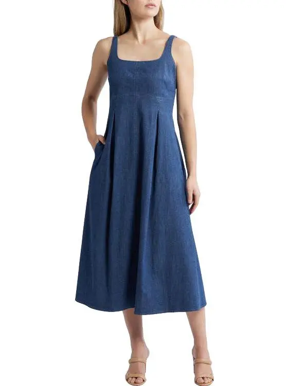 Anne Klein Pleated Denim Midi Dress - Dark Wash