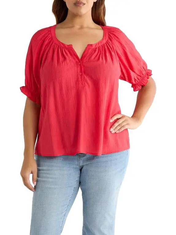 LIVERPOOL Crinkled Puff Sleeve Top - Cherry Rose