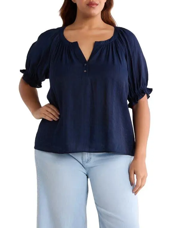 LIVERPOOL Crinkled Puff Sleeve Top - Navy