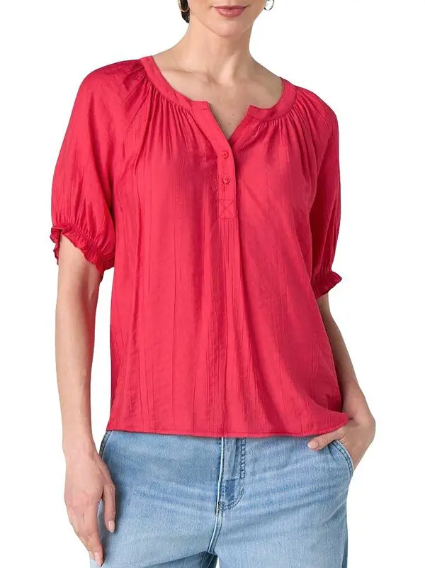 LIVERPOOL Crinkled Puff Sleeve Top - Cherry Rose