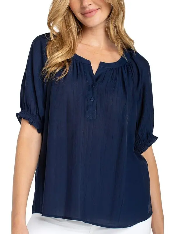 LIVERPOOL Crinkled Puff Sleeve Top - Navy