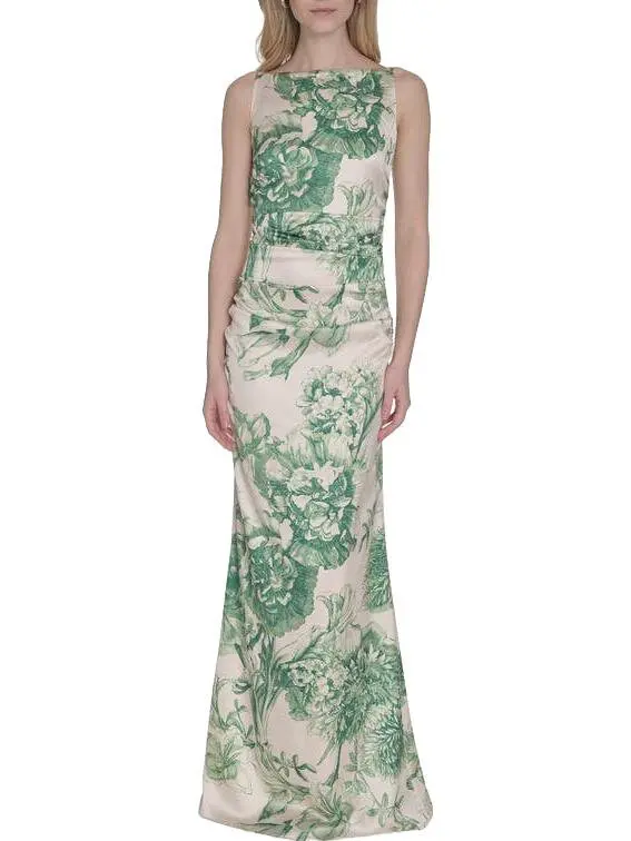 Vince Camuto Floral Ruched Waist Satin Gown - Green