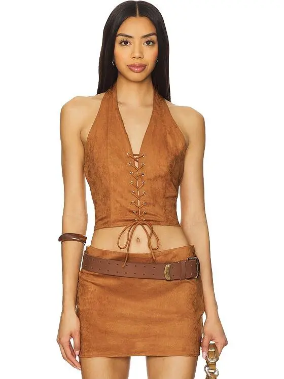 Superdown Delphi Lace-up Halter Top - Tan